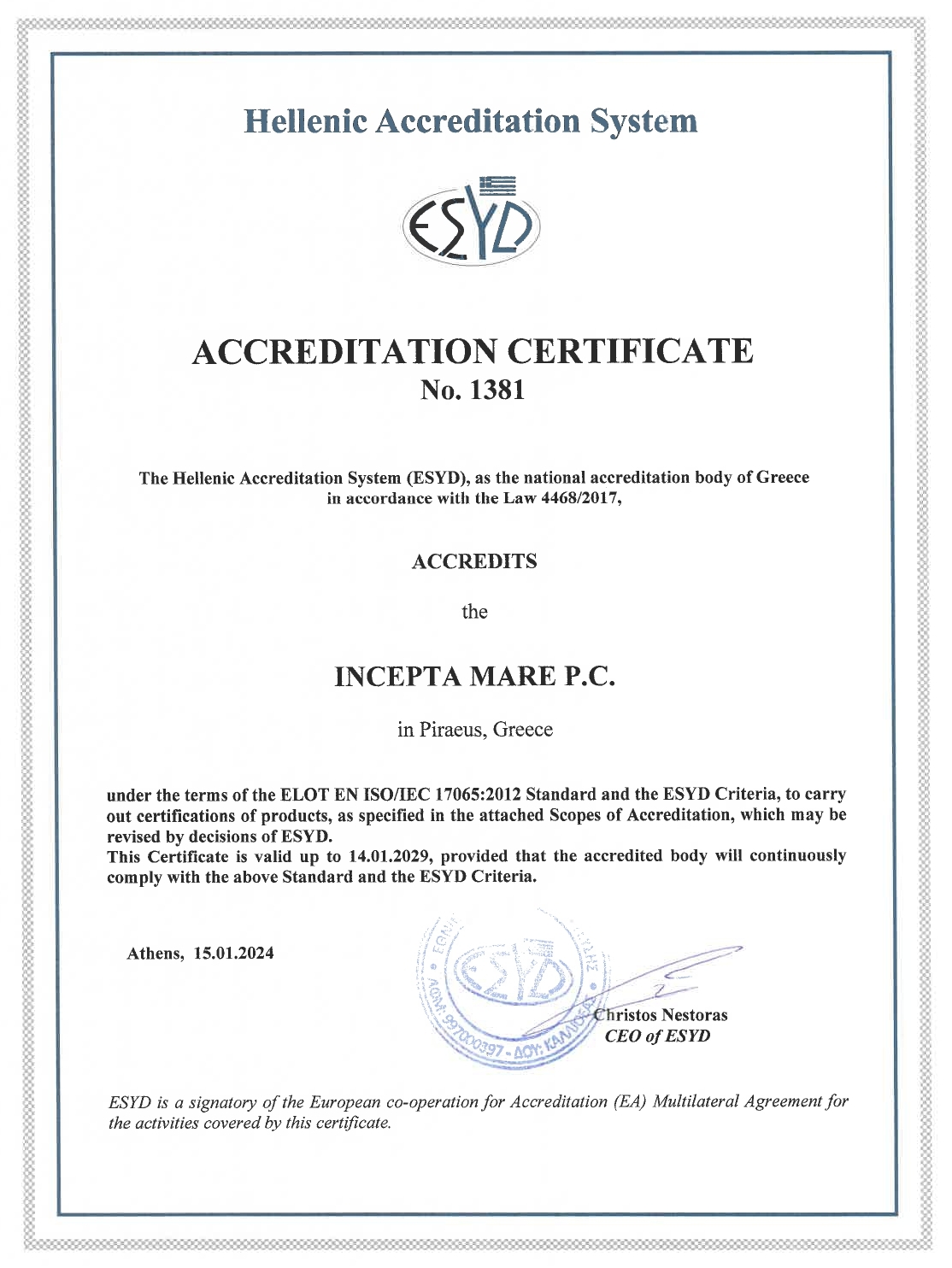 ISO 17065 accreditation from ESYD - INCEPTA MARE CERTIFICATION BUREAU